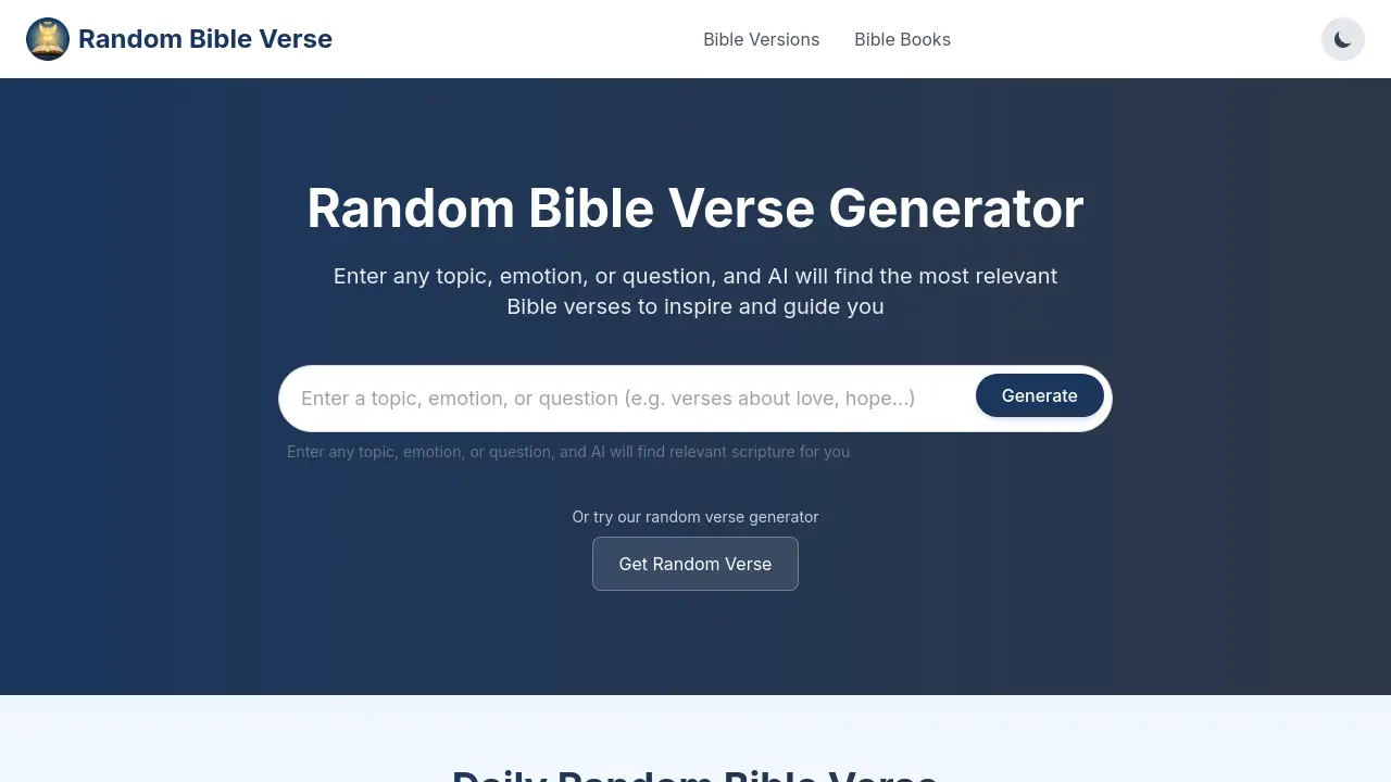 Random Bible Verse Generator - AI-powered discovery of relevant Bible verses for any topic ...